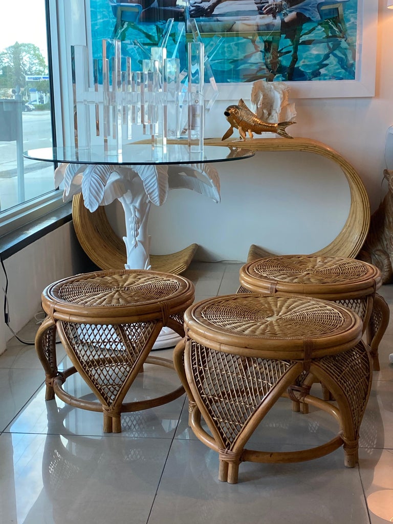 Vintage Set of 3 Rattan and Wicker Moroccan Stools Benches Ottomans ...