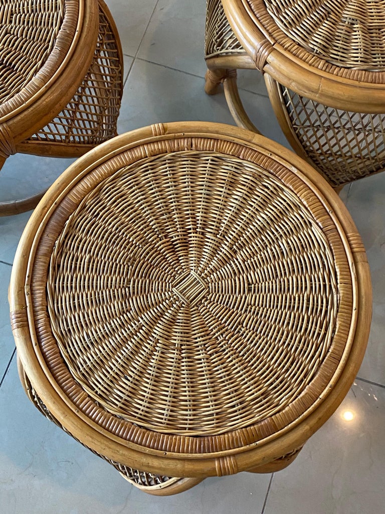 Vintage Set of 3 Rattan and Wicker Moroccan Stools Benches Ottomans ...