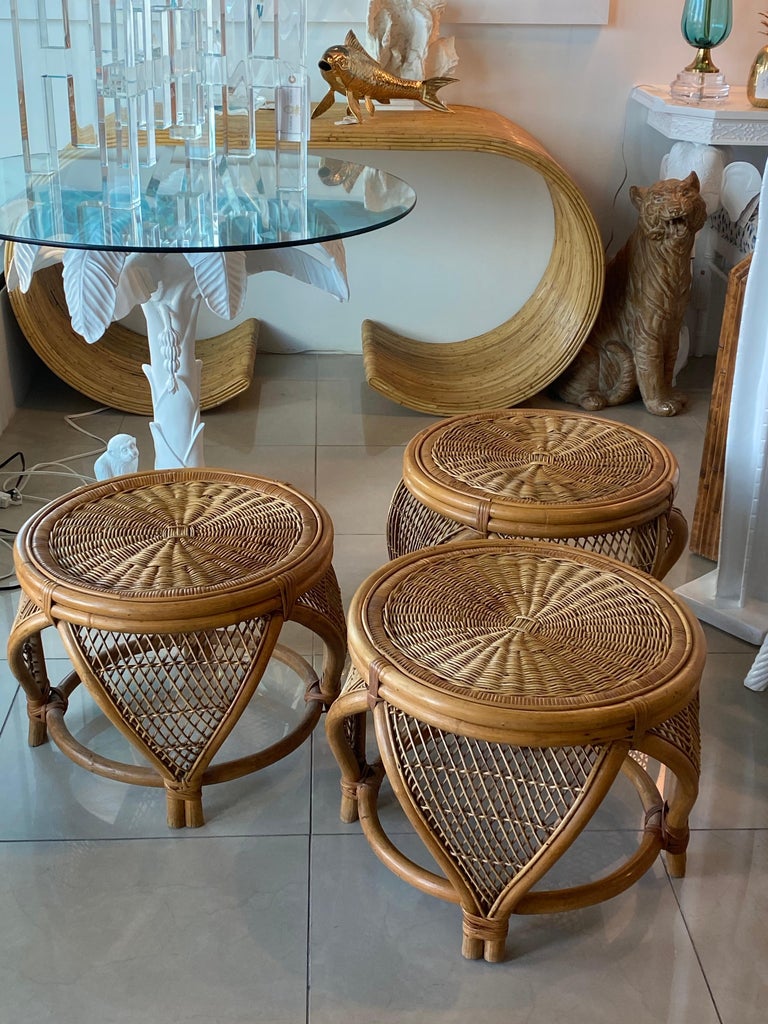 Vintage Set of 3 Rattan and Wicker Moroccan Stools Benches Ottomans ...