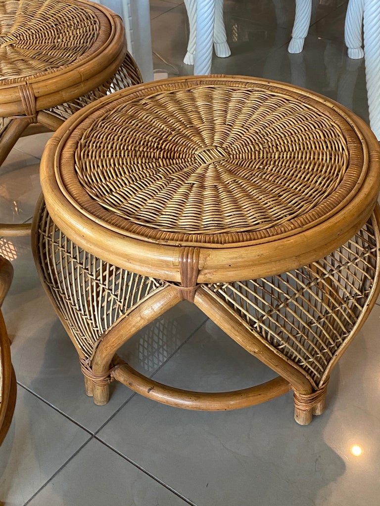 Vintage Set of 3 Rattan and Wicker Moroccan Stools Benches Ottomans ...