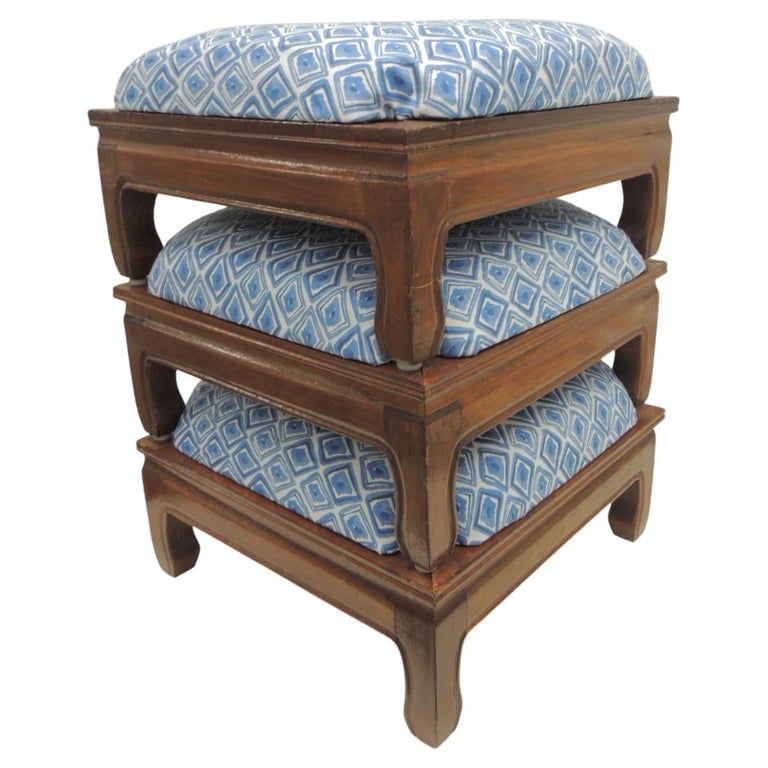 Vintage Set of (3) Square Nesting Ottoman/Stools Covered in Blue and ...