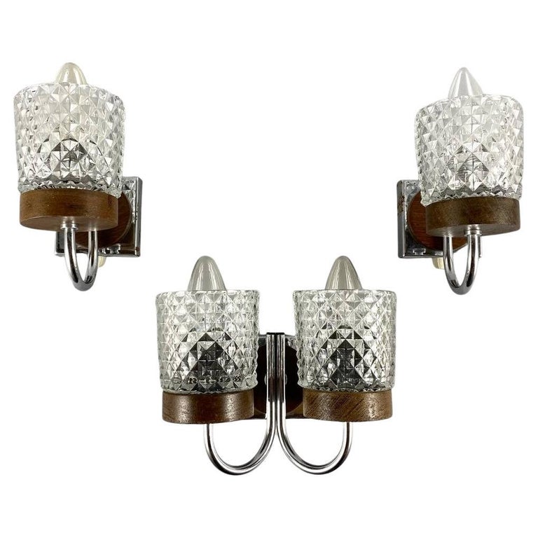 Vintage Set of 3 Wall Sconces Textured Glass, Metal and Wooden Sconces ...