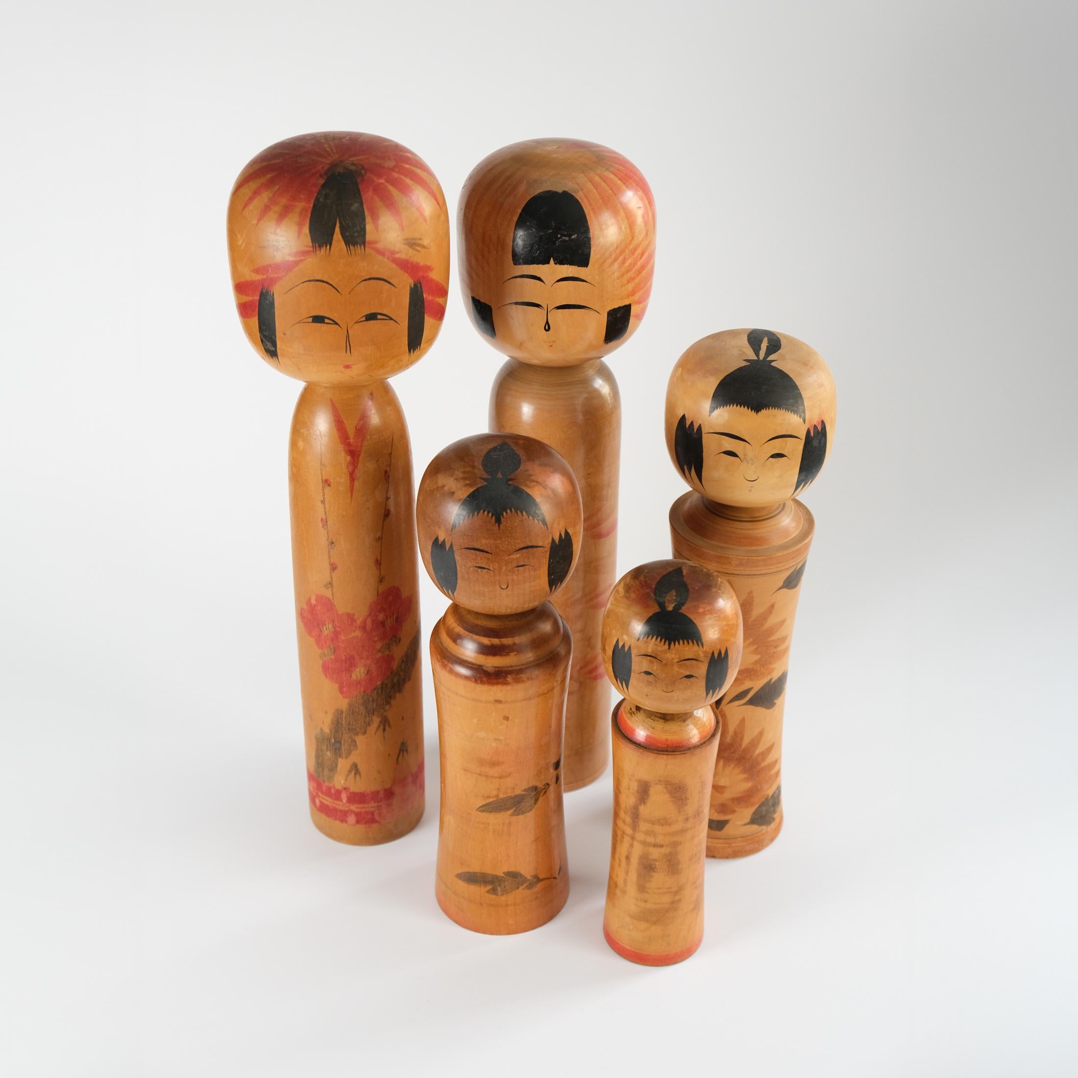 Vintage Set of 5 Traditional Hand-Painted Japanese Kokeshi Dolls, c ...