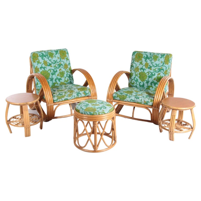 Vintage Set of Bamboo Lounge Armchairs and Ottoman with Side Tables ...
