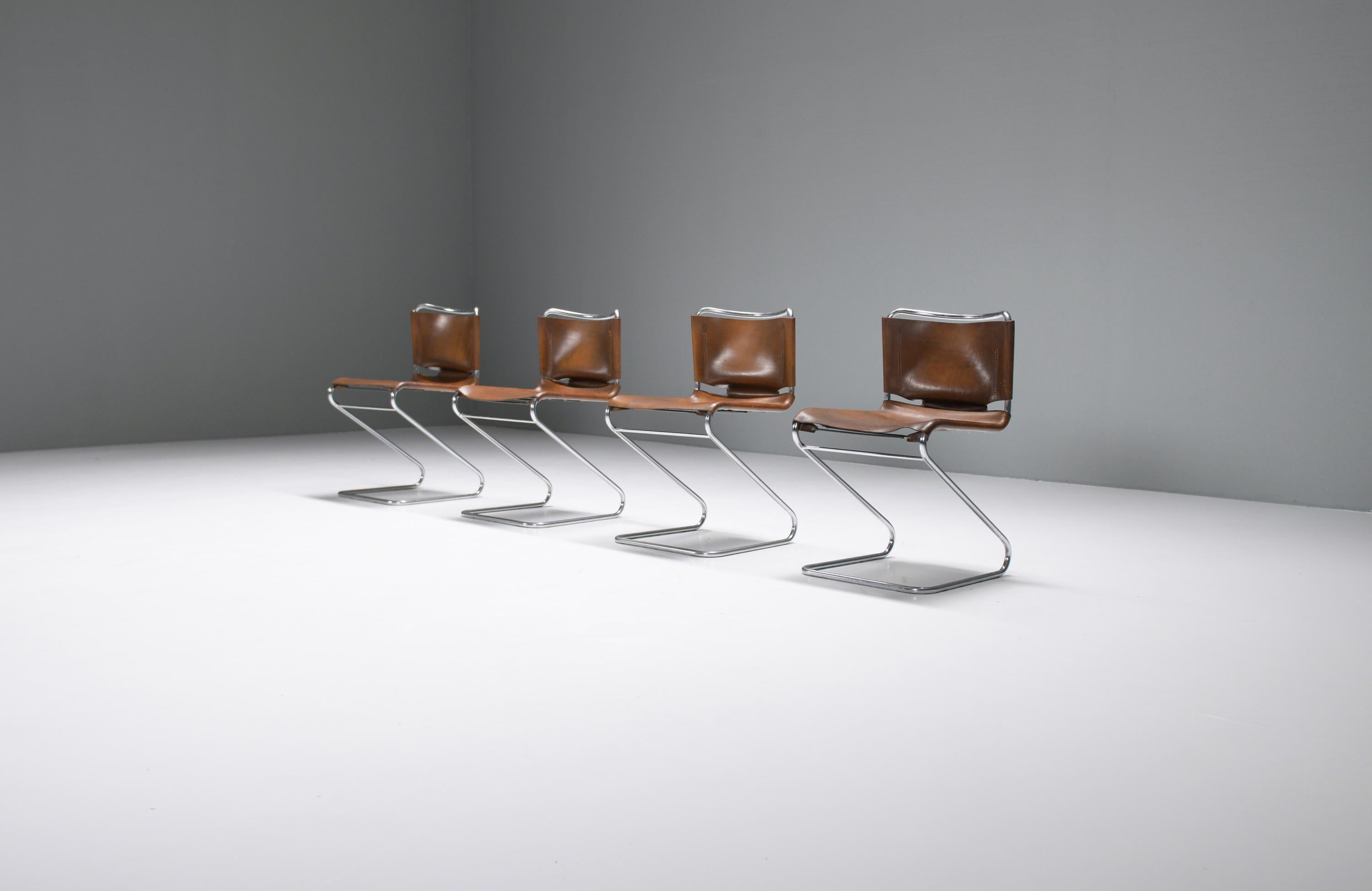 Vintage set of ‘Biscia’ dining chair in leather by Pascal Mourgue for ...