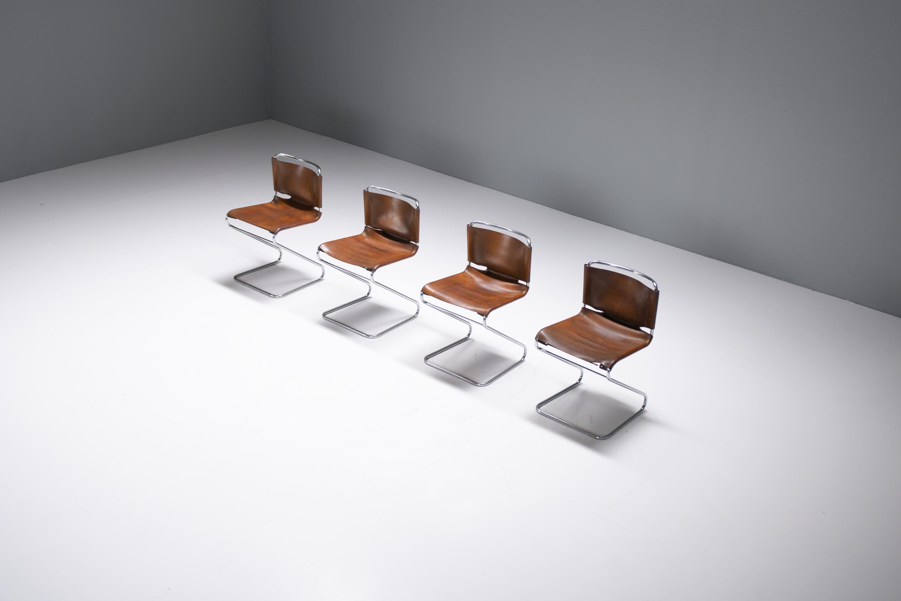 Vintage set of ‘Biscia’ dining chair in leather by Pascal Mourgue for ...