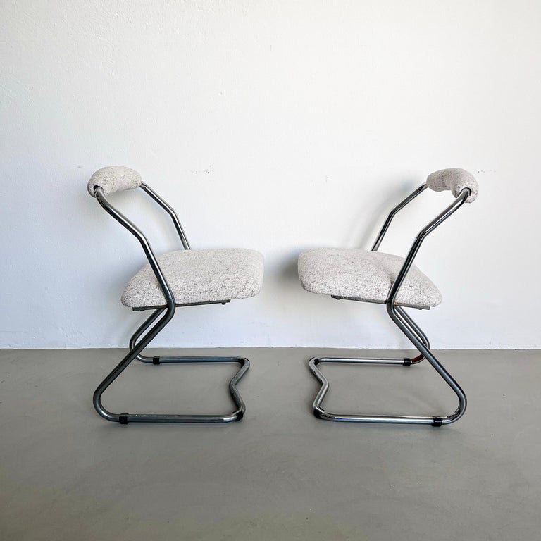 Vintage Set of Four Chromed Metal Dinin Room Chairs with White Bouclé ...