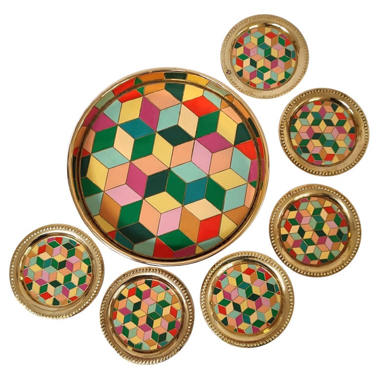 Vintage Set of Gilt Metal and Enamel Round Tray and Six Coasters ...