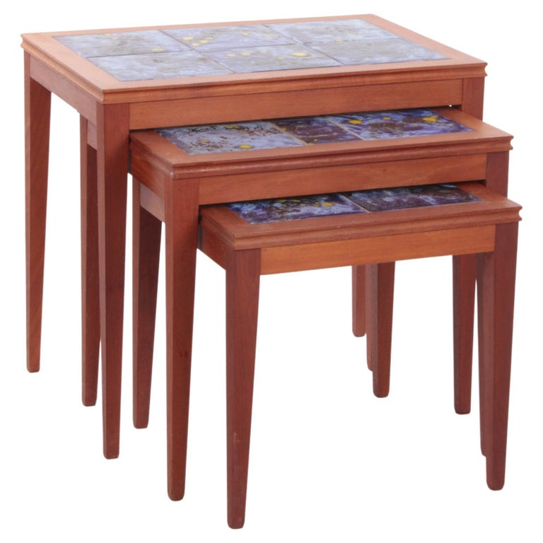 Vintage Set of Side Tables with Beautiful Blue Tiles 60s, Denmark For ...