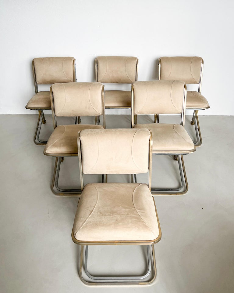 Vintage Set of Six Chairs in Two Tone Chrome and Golden Metal, Velvet ...