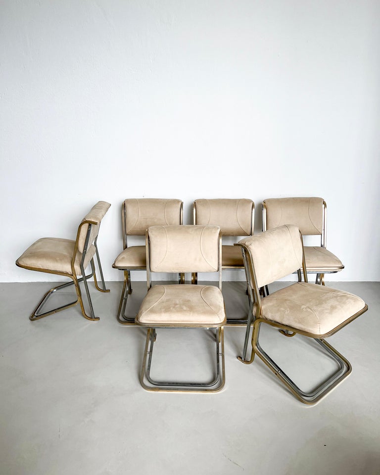 Vintage Set of Six Chairs in Two Tone Chrome and Golden Metal, Velvet ...