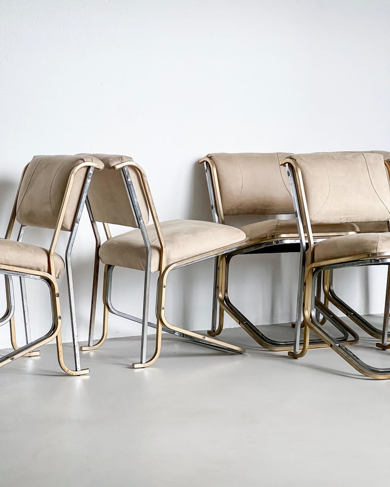 Vintage Set of Six Chairs in Two Tone Chrome and Golden Metal, Velvet ...