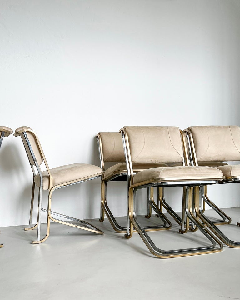 Vintage Set of Six Chairs in Two Tone Chrome and Golden Metal, Velvet ...