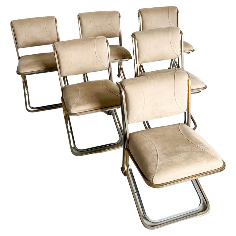 Vintage Set of Six Chairs in Two Tone Chrome and Golden Metal, Velvet ...