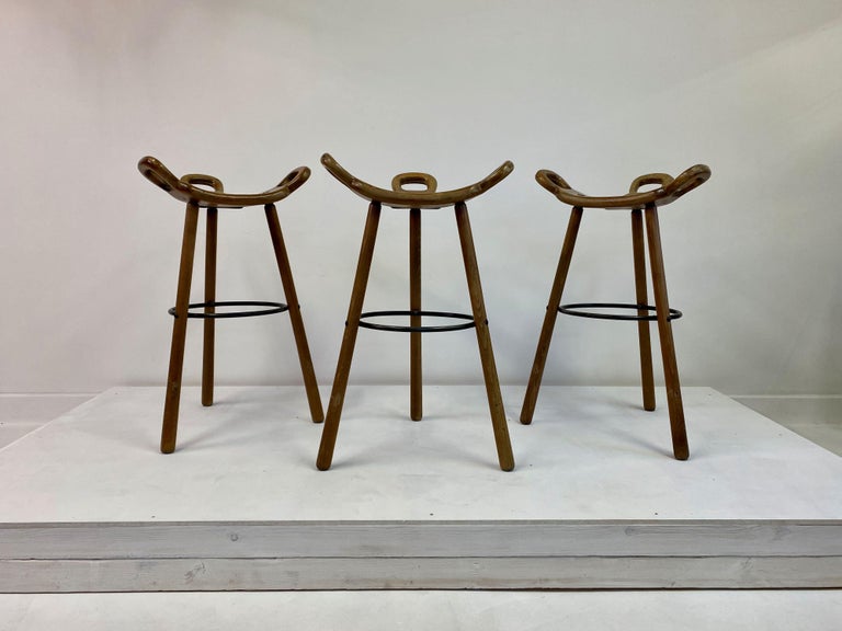 Vintage Set of Three 1970s Spanish Brutalist or Marbella Stools at 1stDibs
