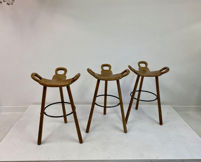 Vintage Set of Three 1970s Spanish Brutalist or Marbella Stools at 1stDibs
