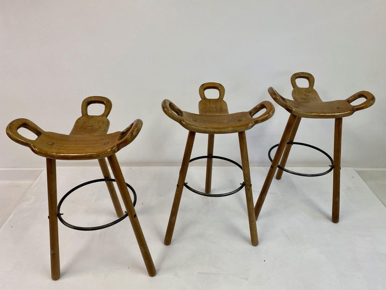 Vintage Set of Three 1970s Spanish Brutalist or Marbella Stools at 1stDibs