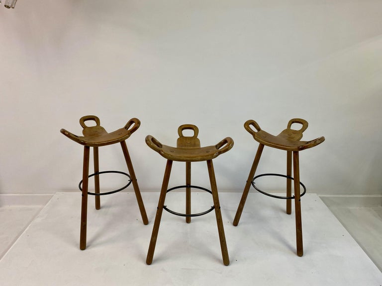 Vintage Set of Three 1970s Spanish Brutalist or Marbella Stools at 1stDibs