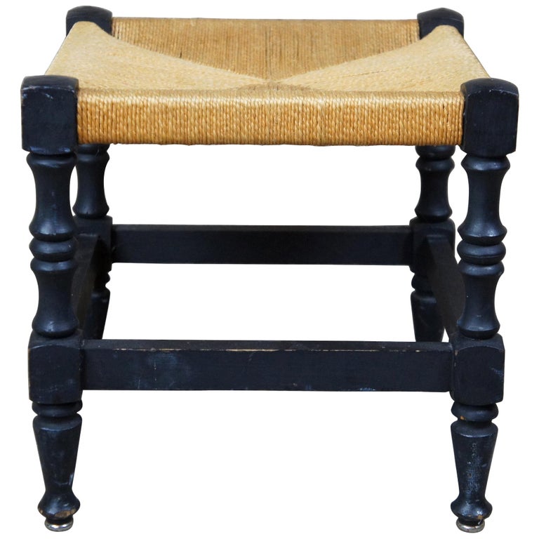 Vintage Shaker Style Woven Rush Seat Wood Foot Rest Stool Ottoman For ...