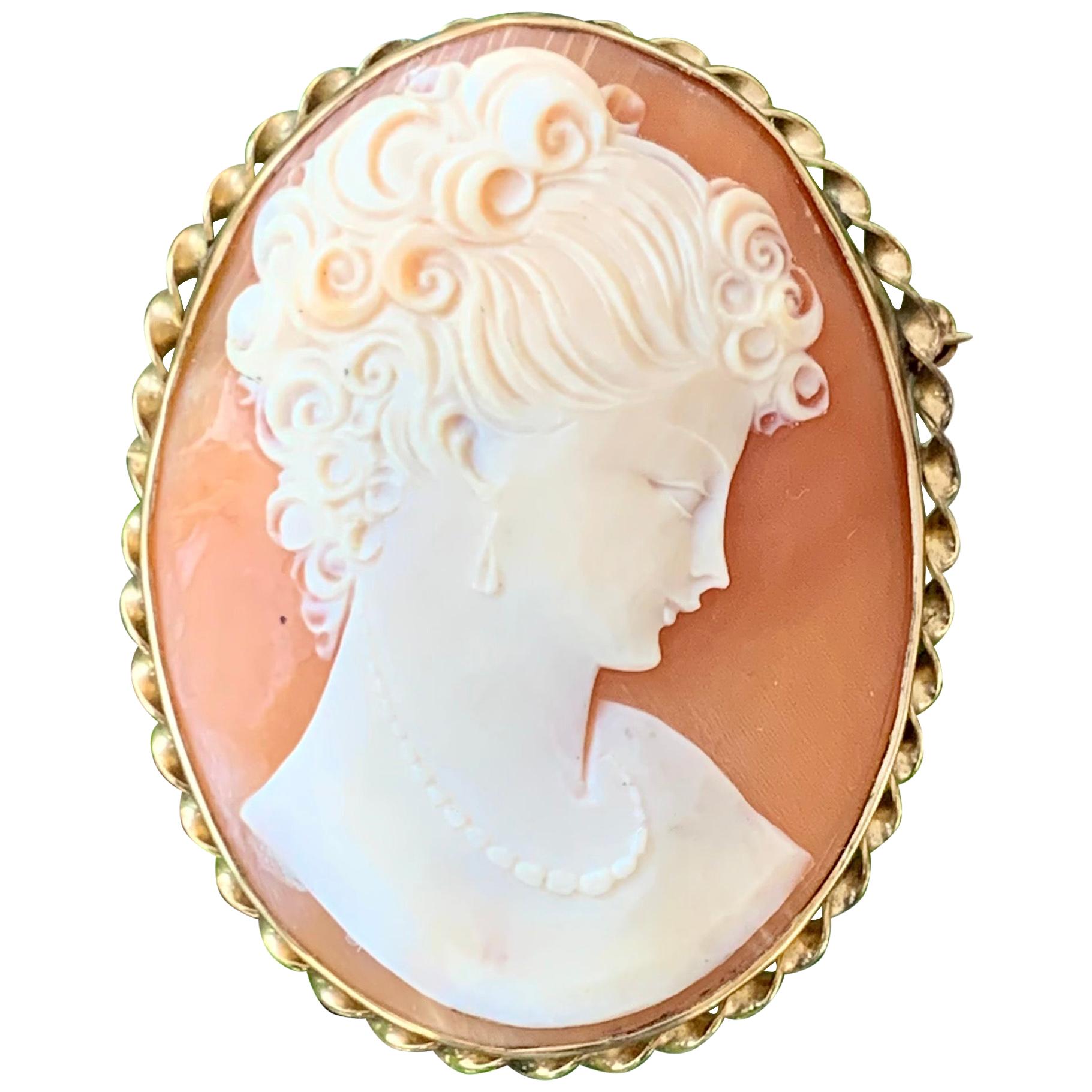 Vintage Shell Cameo 10 Karat Yellow Gold with Safety Chain and Safety ...