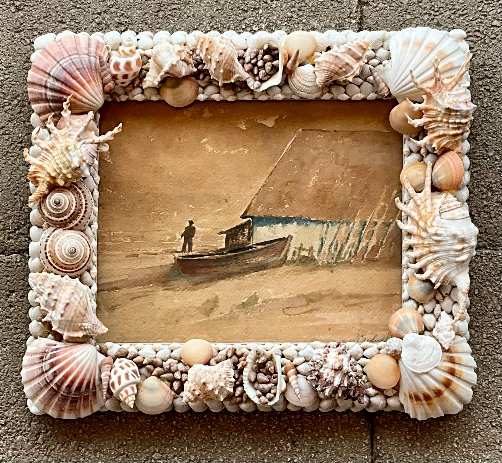 Vintage Shell Encrusted Frame with Watercolor Painting For Sale at 1stDibs