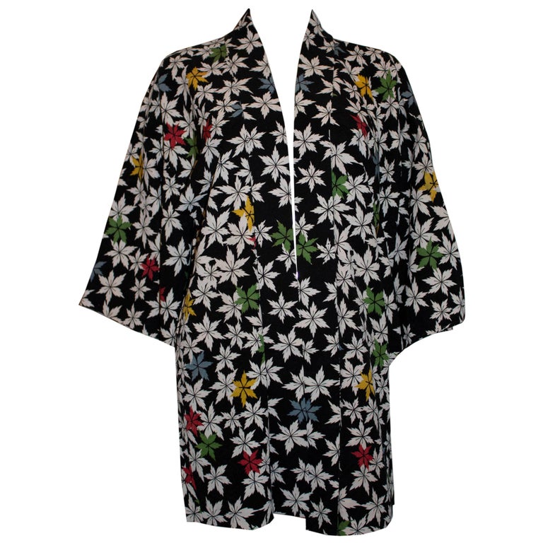 Vintage Short Kimono with Multi Colour Leaf Design For Sale at 1stDibs