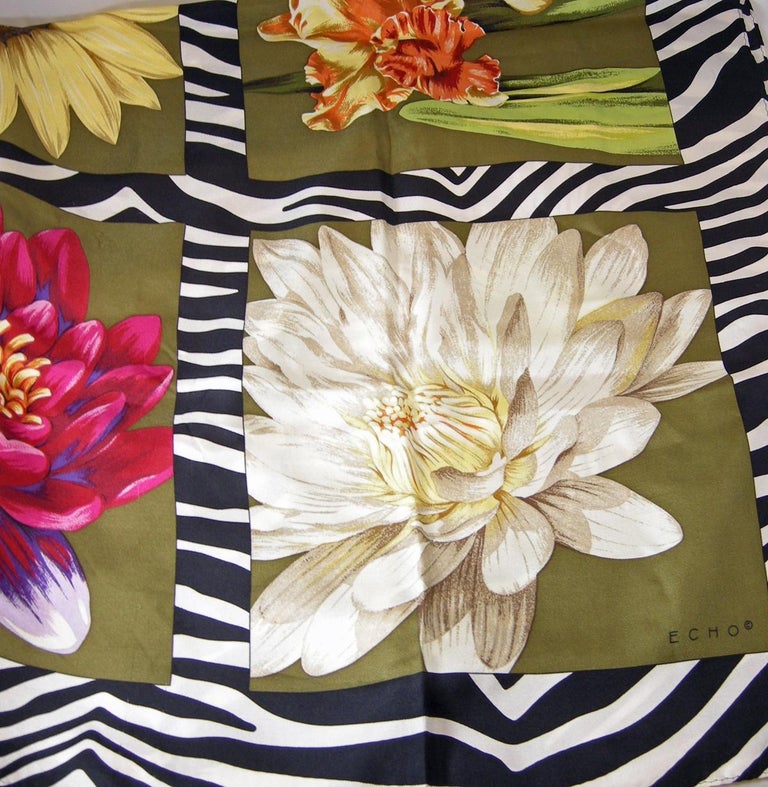 Vintage Signed Echo Floral Design Silk Scarf For Sale at 1stDibs