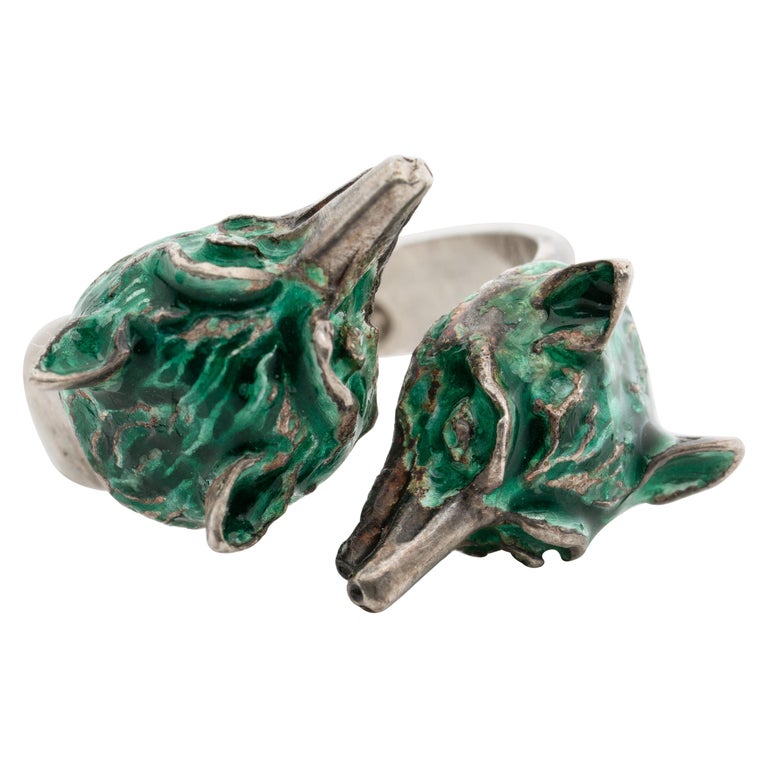 Vintage Signed GUCCI Silver and Green Enamel Double Fox Ring at 1stDibs