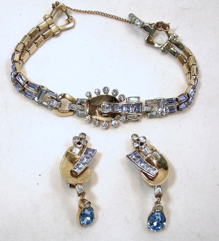 Vintage Signed Mazer Bros. Crystal Bracelet and Earring Set For Sale at ...