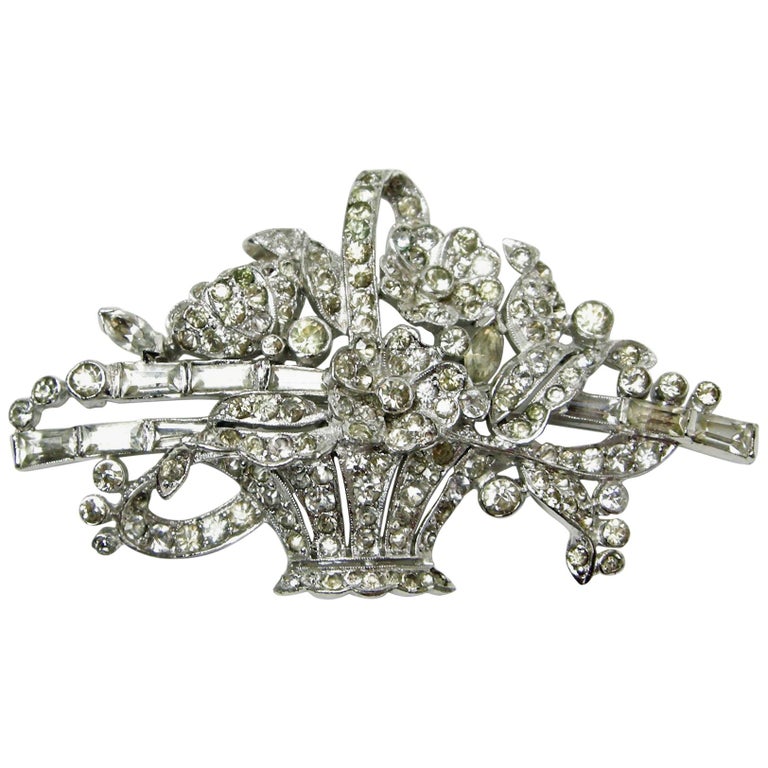 Vintage Signed Mazer Crystal Floral Basket Brooch For Sale at 1stDibs