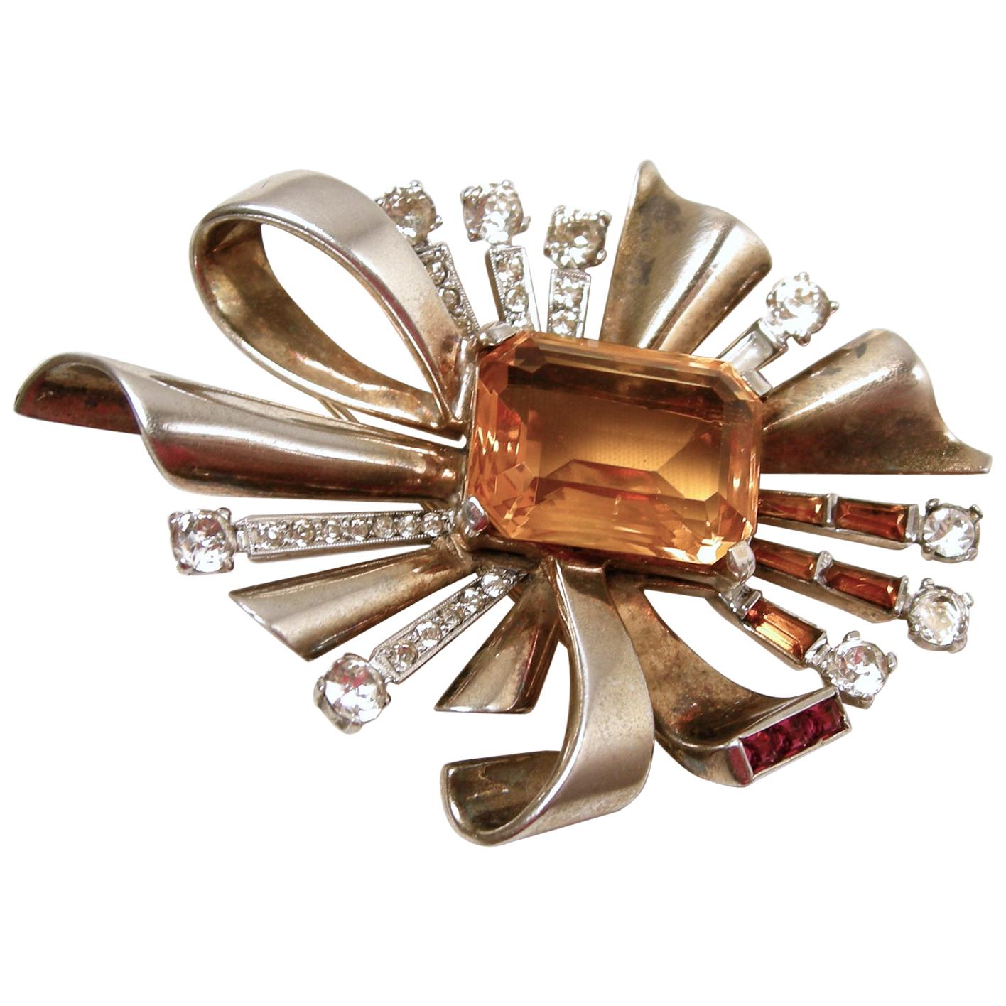 Vintage Signed Mazer Faux Citrine and Crystal Sterling Retro Brooch For ...