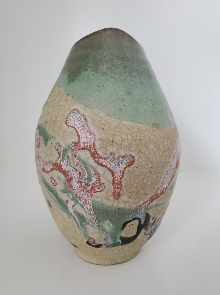 Vintage Signed Raku Terracotta Pottery Vase For Sale at 1stDibs