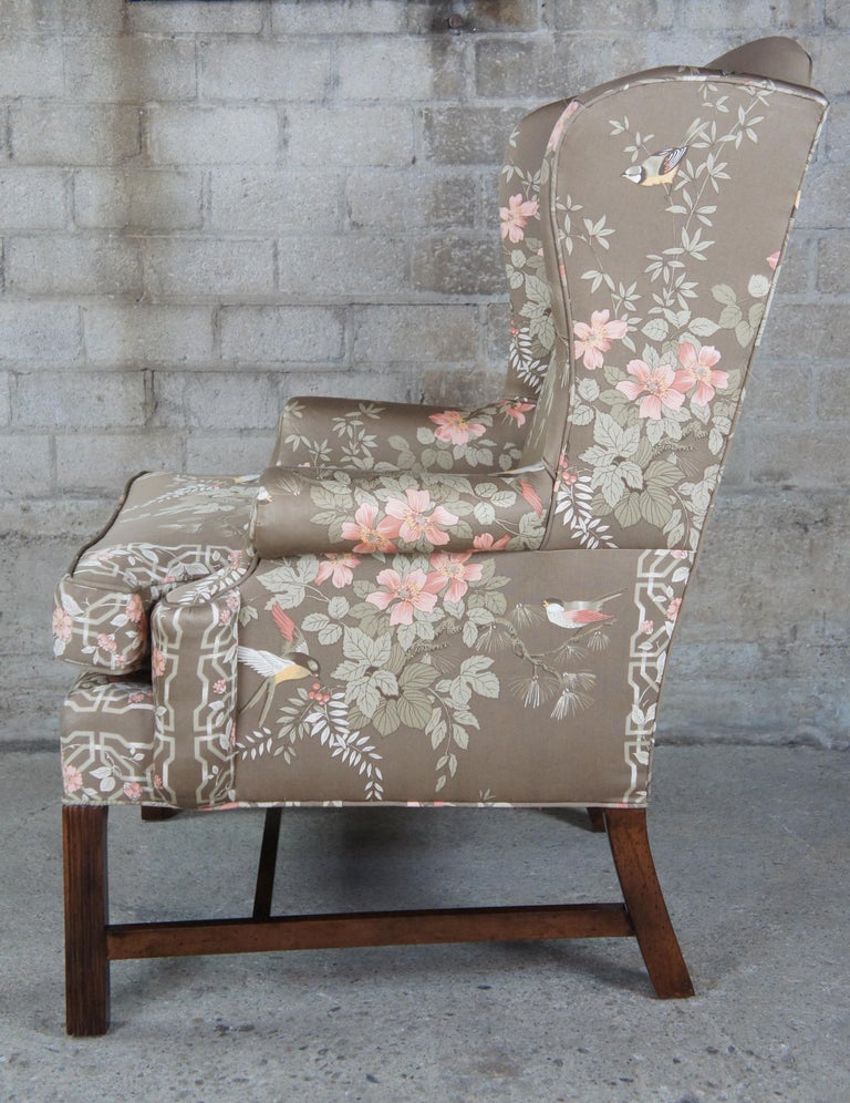 Vintage Silk Chippendale Style Wingback Armchair Club Library Accent ...