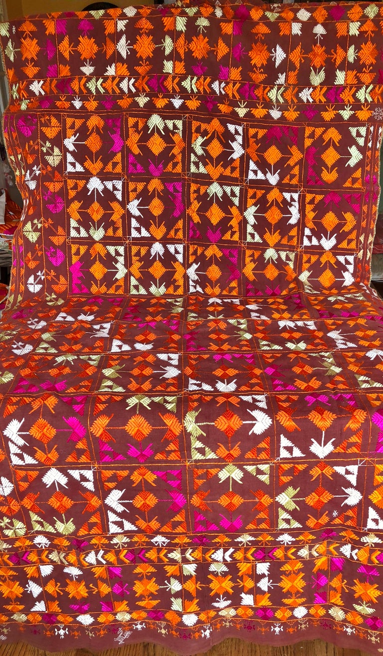 Vintage Silk Embroidered Phulkari Wedding Shawl, Punjab, India at 1stDibs