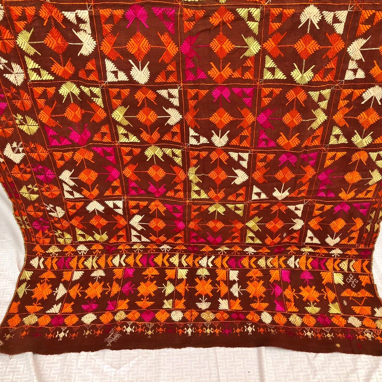 Vintage Silk Embroidered Phulkari Wedding Shawl, Punjab, India at 1stDibs