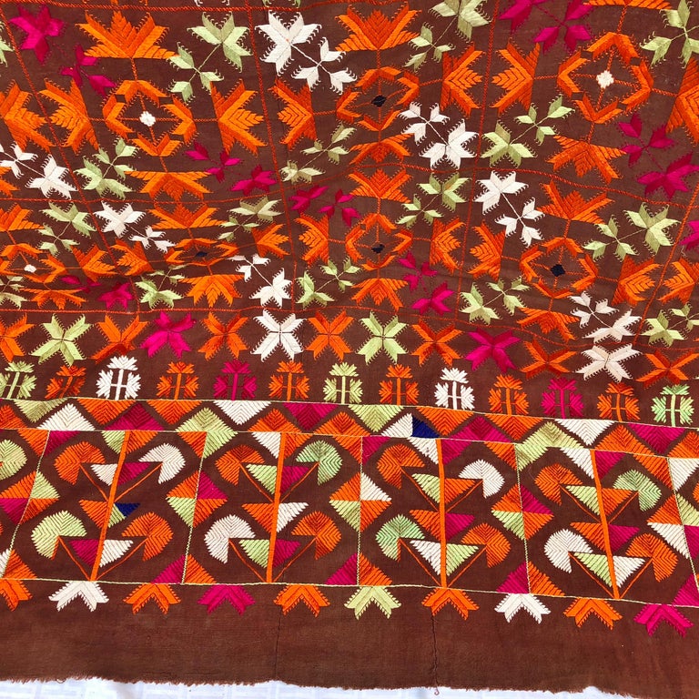 Vintage Silk Embroidered Phulkari Wedding Shawl, Punjab, India at 1stDibs