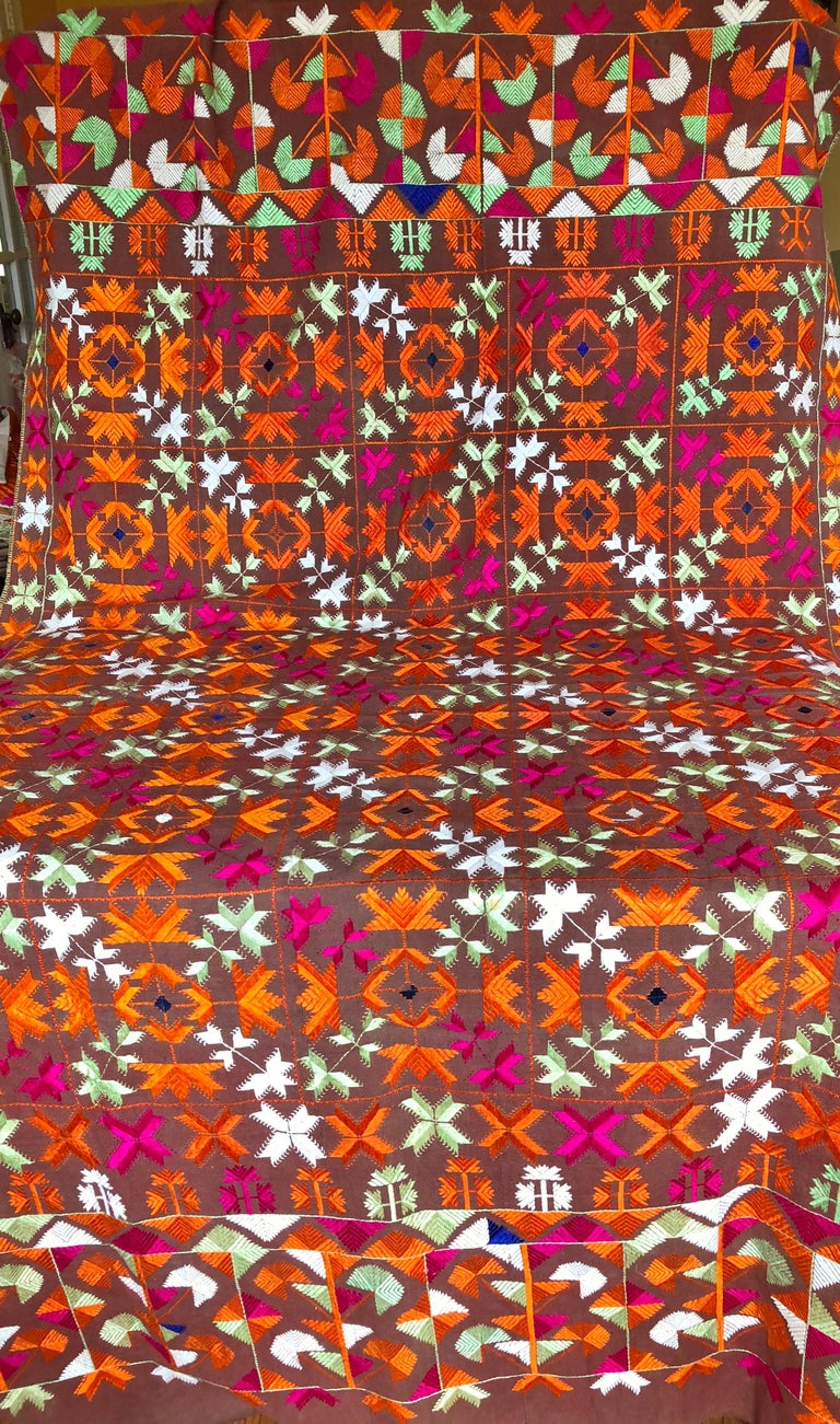 Vintage Silk Embroidered Phulkari Wedding Shawl, Punjab, India at 1stDibs