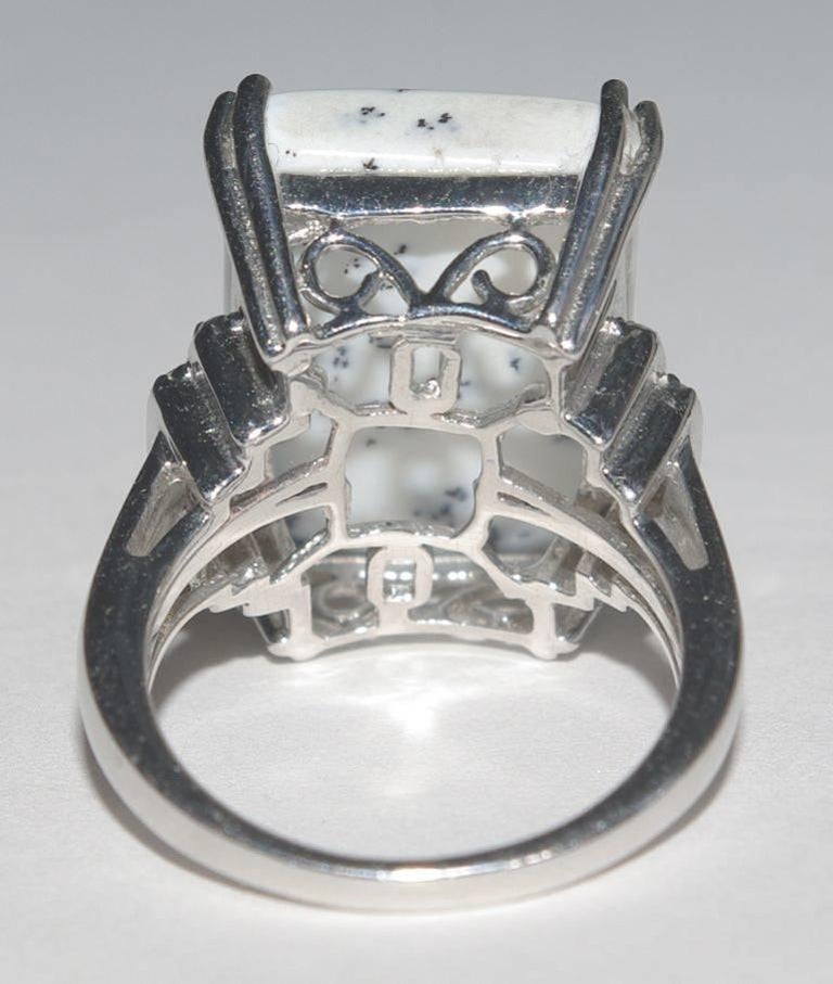 Silver and Merlinite White Moss Agate Ring with Clear Rhinestones ...