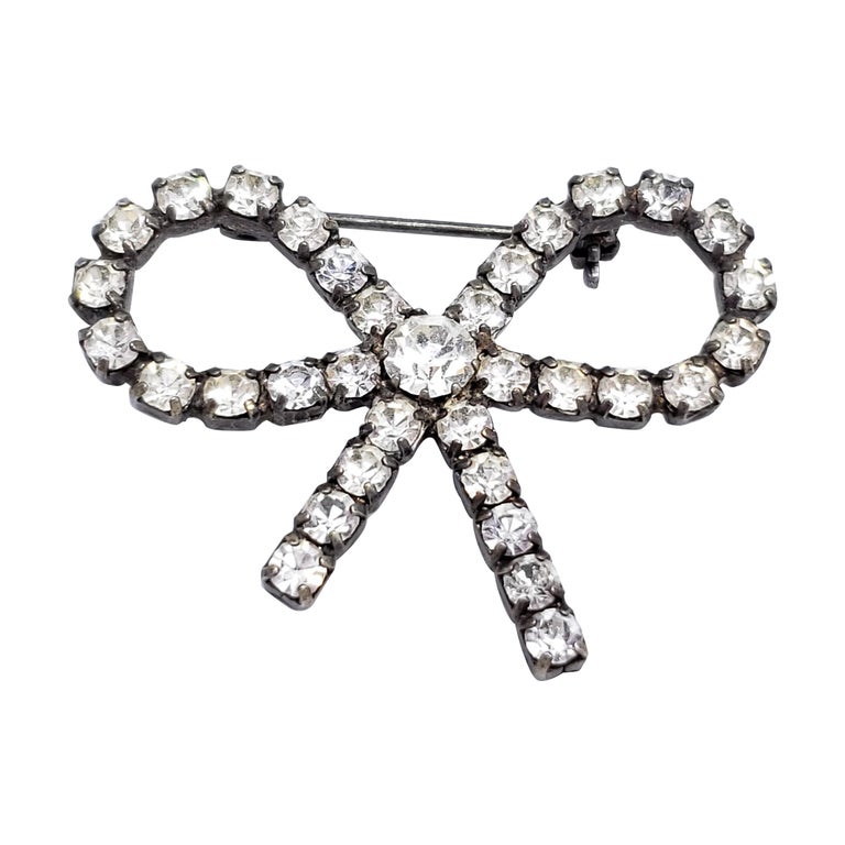 Vintage Silver Dazzling Bow Pin with Crystals, Mid 1900s For Sale at ...