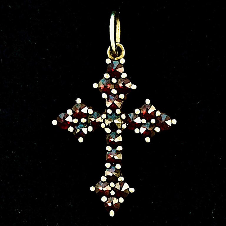 Vintage Silver Gilt and Bohemian Garnet Cross Pendant For Sale at 1stDibs