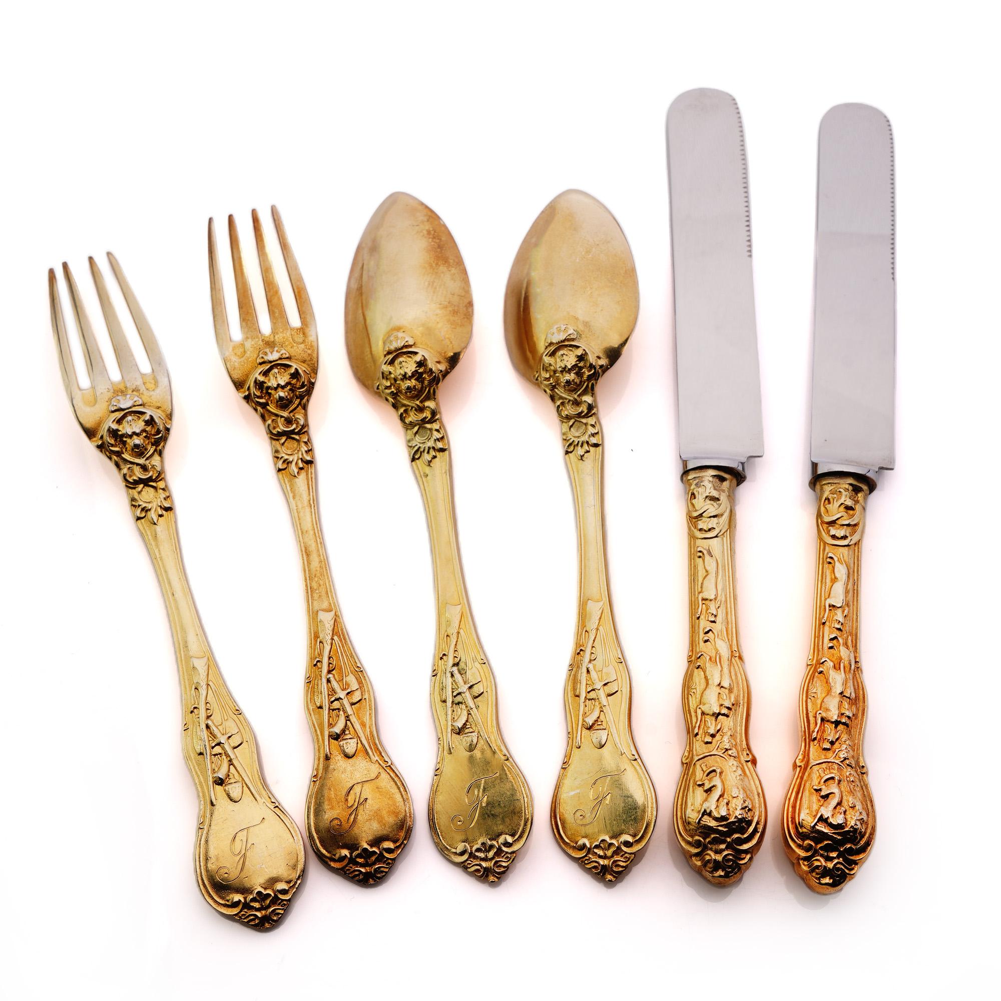 Vintage Silver Gilt Cutlery Set with Hunting Scene For Sale at 1stDibs