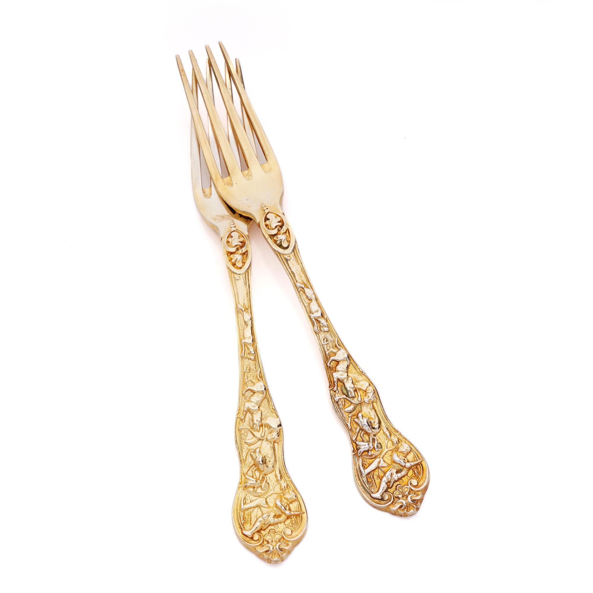 Vintage Silver Gilt Cutlery Set with Hunting Scene For Sale at 1stDibs