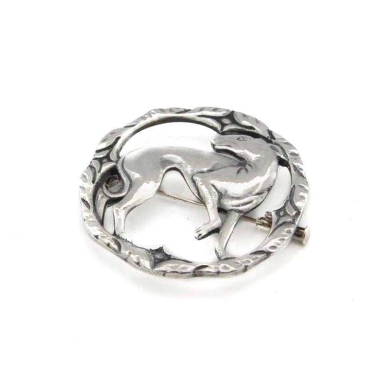 Vintage Silver Greyhound Whippet Round Dog Brooch For Sale at 1stDibs