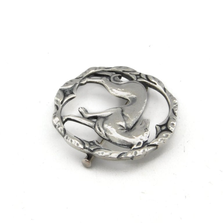 Vintage Silver Greyhound Whippet Round Dog Brooch For Sale at 1stDibs