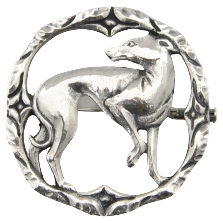 Vintage Silver Greyhound Whippet Round Dog Brooch For Sale at 1stDibs