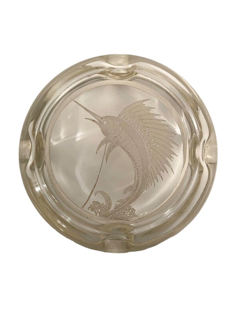 Vintage Silver Overlay Glass Ashtray w/ Sailfish, Unusual Large Size, 8 ...