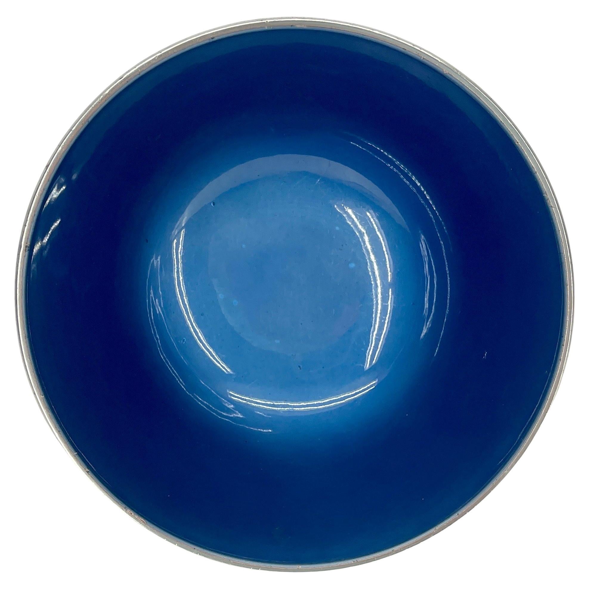 Vintage Silver Plate Candy Bowl with Ocean Blue Enamel For Sale at 1stDibs