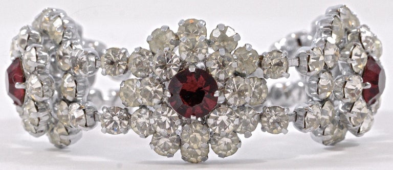 Vintage Silver Tone Ruby Red and Clear Rhinestone Bracelet, circa 1950s ...