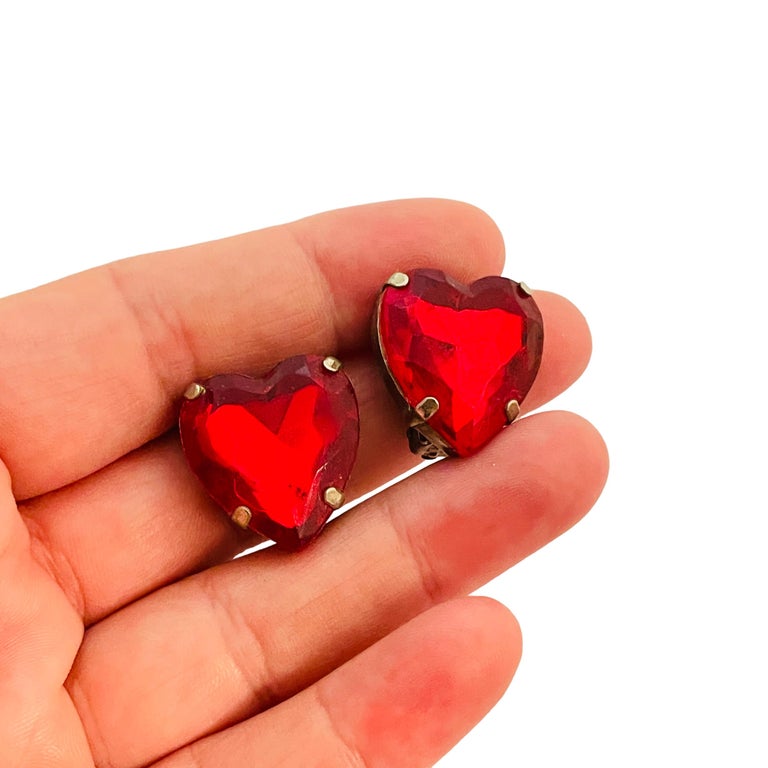 Vintage silver tone ruby red glass designer runway clip on earrings For ...