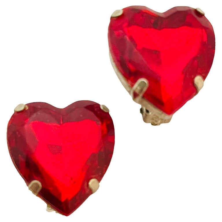 Vintage silver tone ruby red glass designer runway clip on earrings For ...